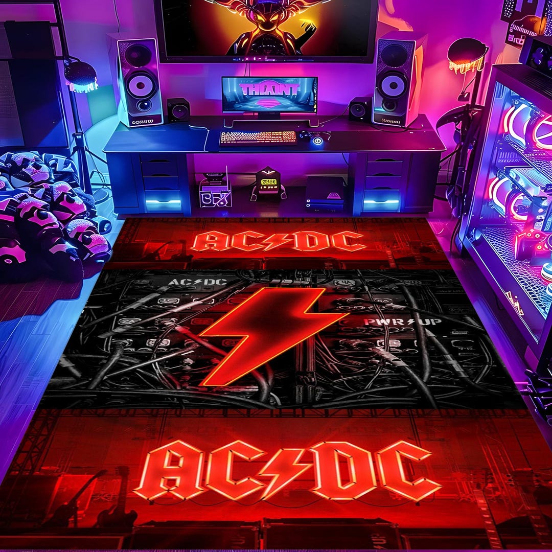 AC DC Neon Power Rug: Electric Rock Band Carpet, Red Music Room Retro ...