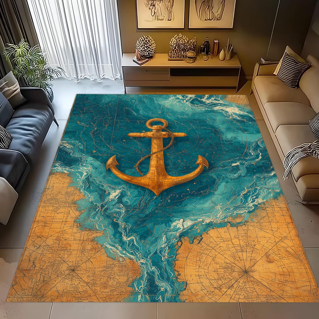 Nautical Anchor Area Rug, Ocean Map Blue Gold Pattern, Coastal Marine ...