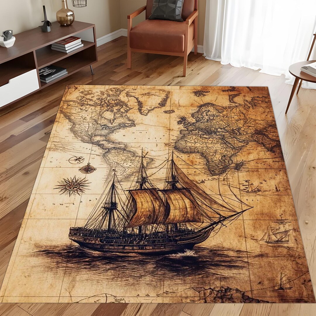 Nautical World Map Rug: Old World Ship Design, Sepia Compass Antique ...