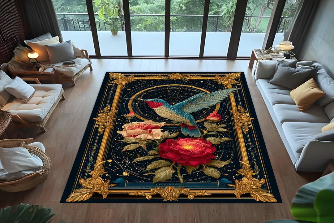 Baroque Hummingbird Rug, Luxury Floral Art Carpet, Elegant Vintage ...