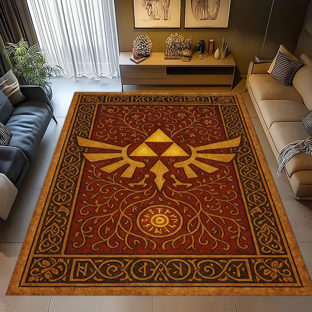 Zelda Triforce Rug: Hylian Crest Carpet, Fantasy Gamer Design, Golden ...