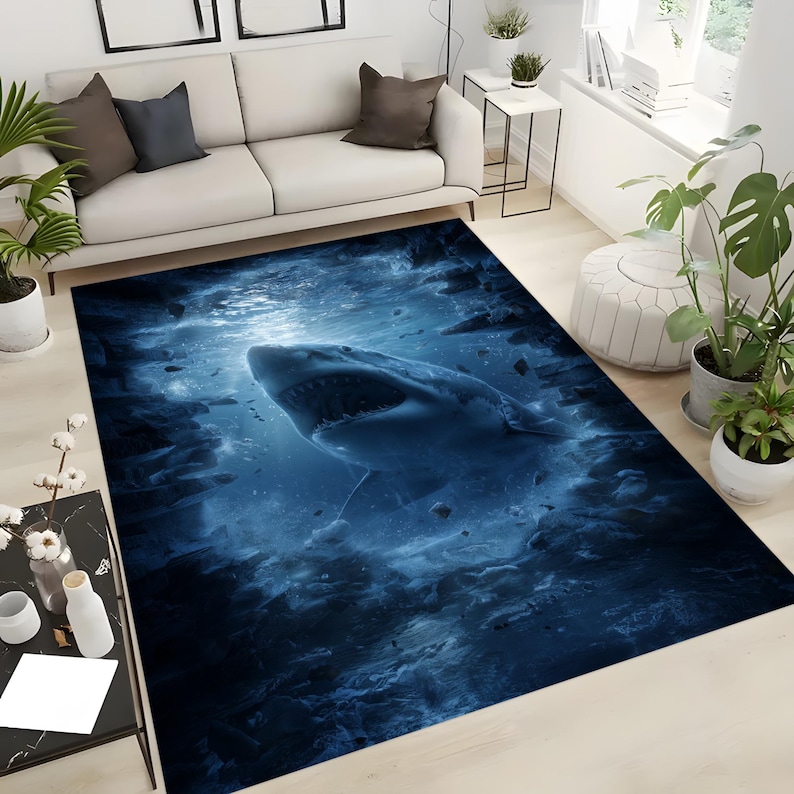 3D Great White Shark Rug: Ocean Depth Illusion, Marine Decor - Etsy