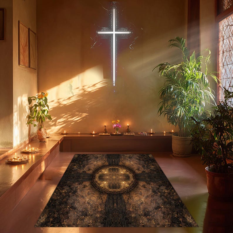 Cross Rug Gothic Baroque Christian Area Rug Black Ornate Carpet Decor ...