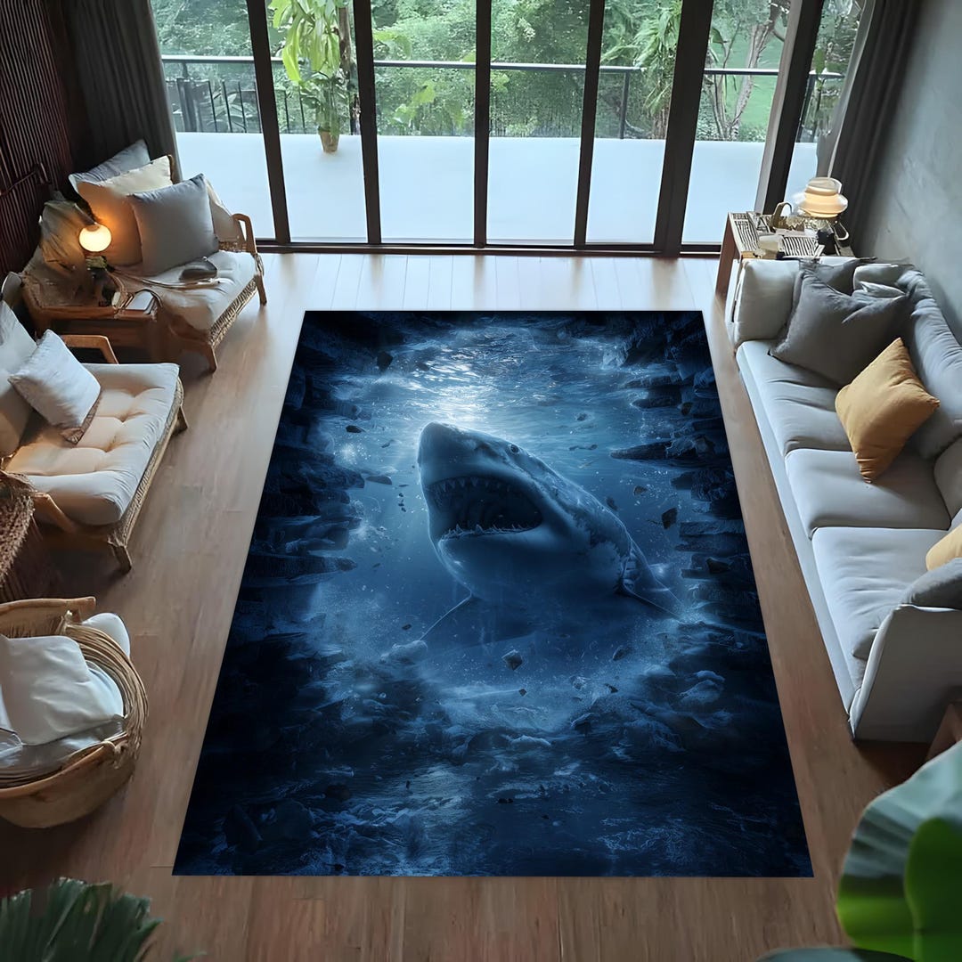 3D Great White Shark Rug: Ocean Depth Illusion, Marine Decor - Etsy