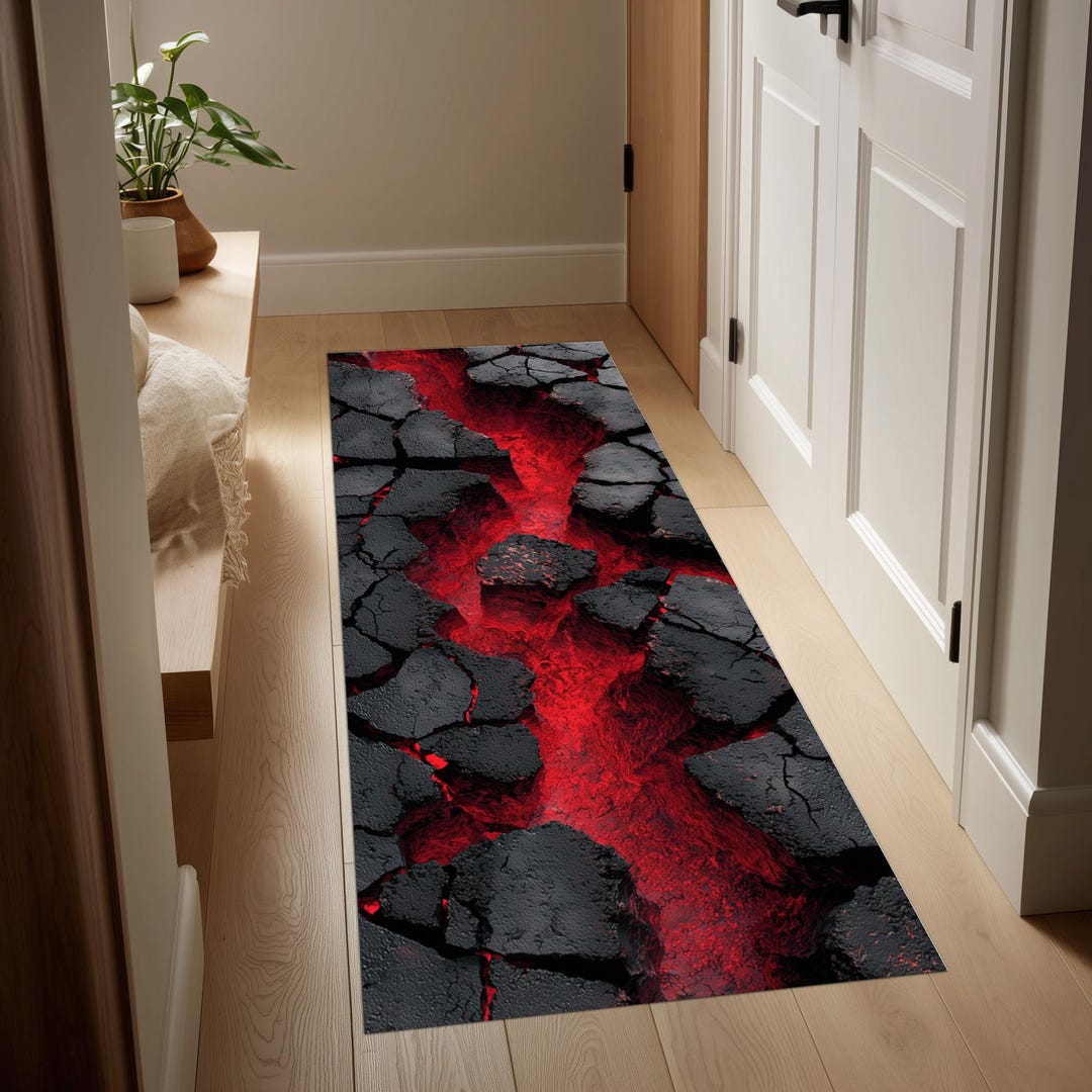Lava Cracks Runner Rug: Fiery Red Magma Lines Splitting Black Ground ...