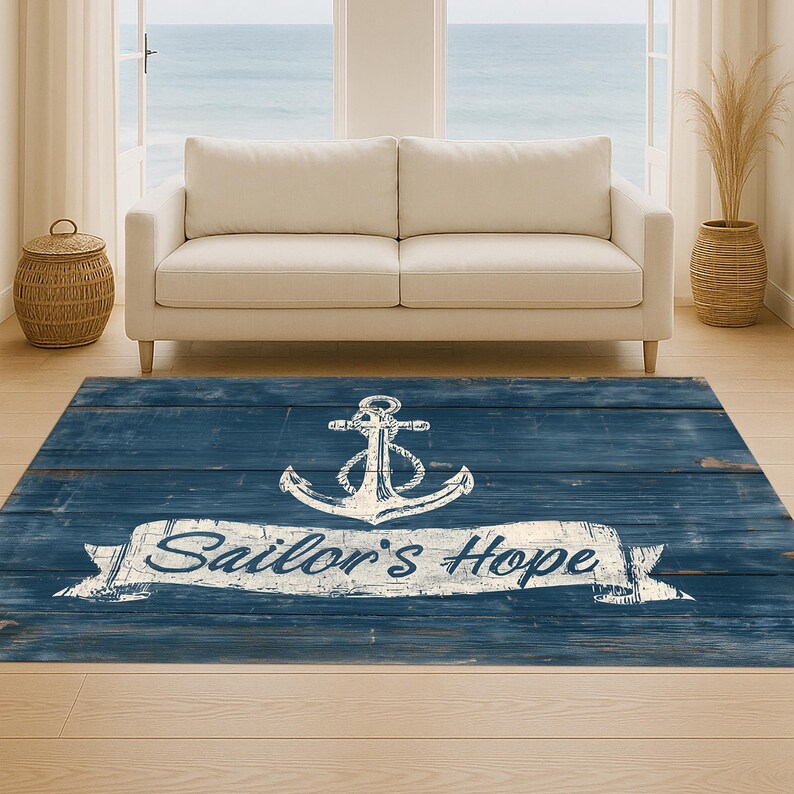 Anchor Nautical Rug: Blue Wood Texture Carpet, Sailor Theme Design ...