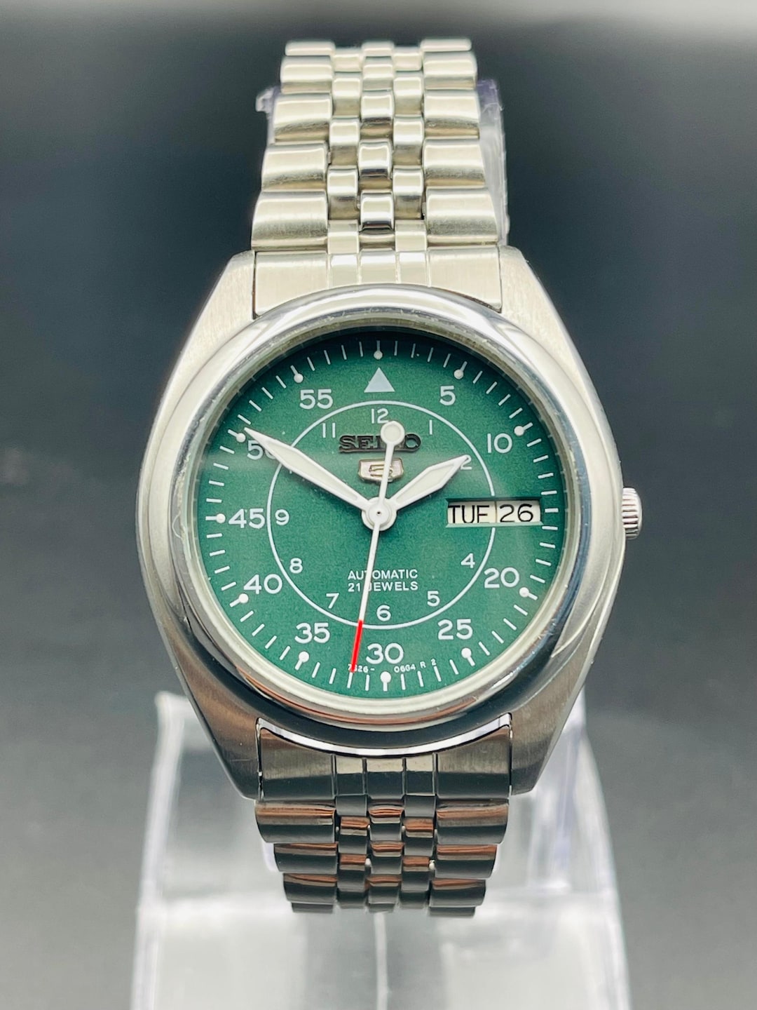 Seiko 5 Automatic: Green Pilot Dial Stainless Steel Vintage Watch ...