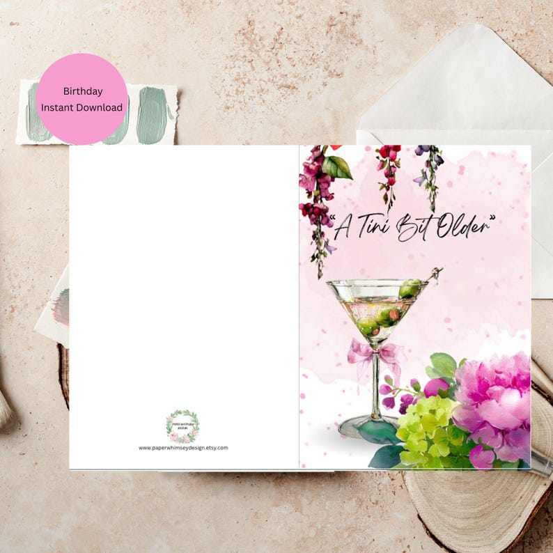 Martini Birthday Card, Floral Illustration, Elegant Celebration ...