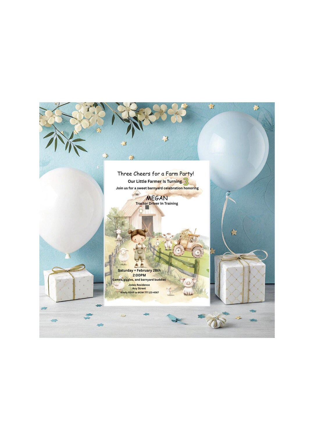 Farm 3rd Birthday Invitation, Farm Party Invite for Girls, Barnyard ...