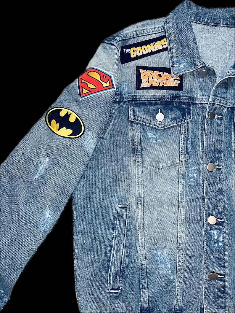 80s Movie Patches Denim Jacket: Handmade Comic Back Art Streetwear - Etsy