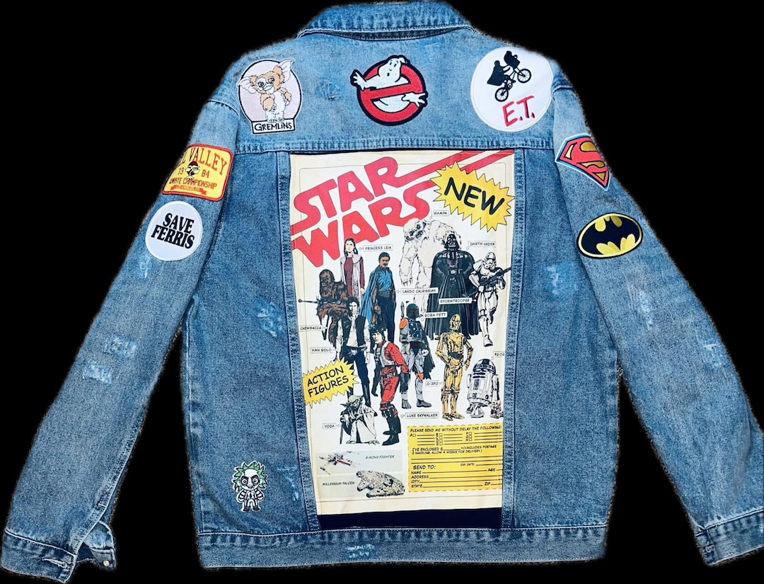 80s Movie Patches Denim Jacket: Handmade Comic Back Art Streetwear - Etsy