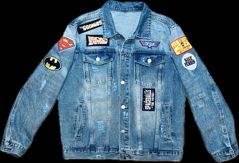 80s Movie Patches Denim Jacket: Handmade Comic Back Art Streetwear - Etsy