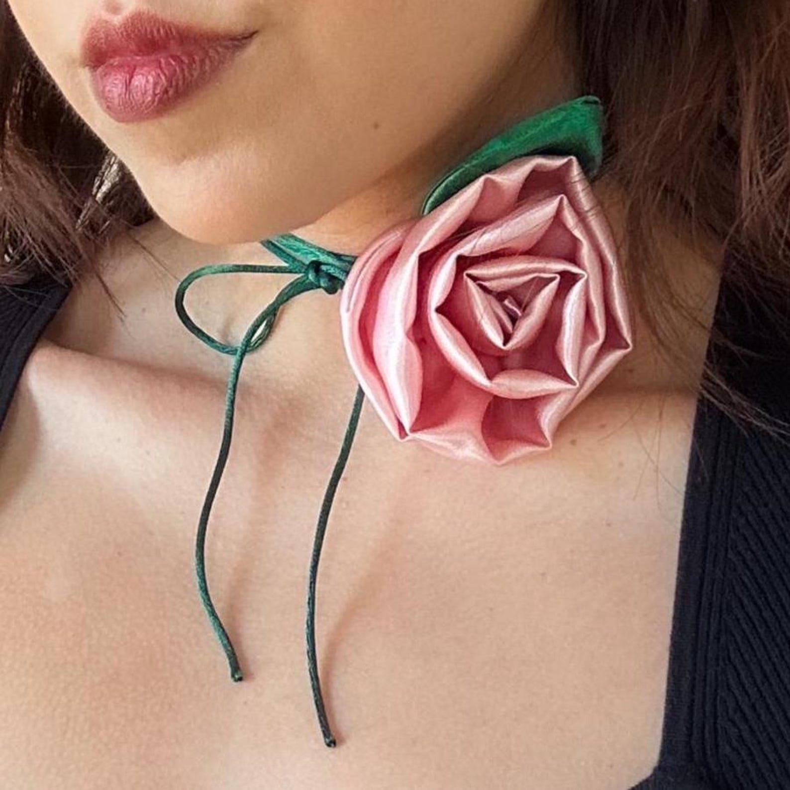 Pink Satin Rose Choker Necklace With Leaf - Etsy