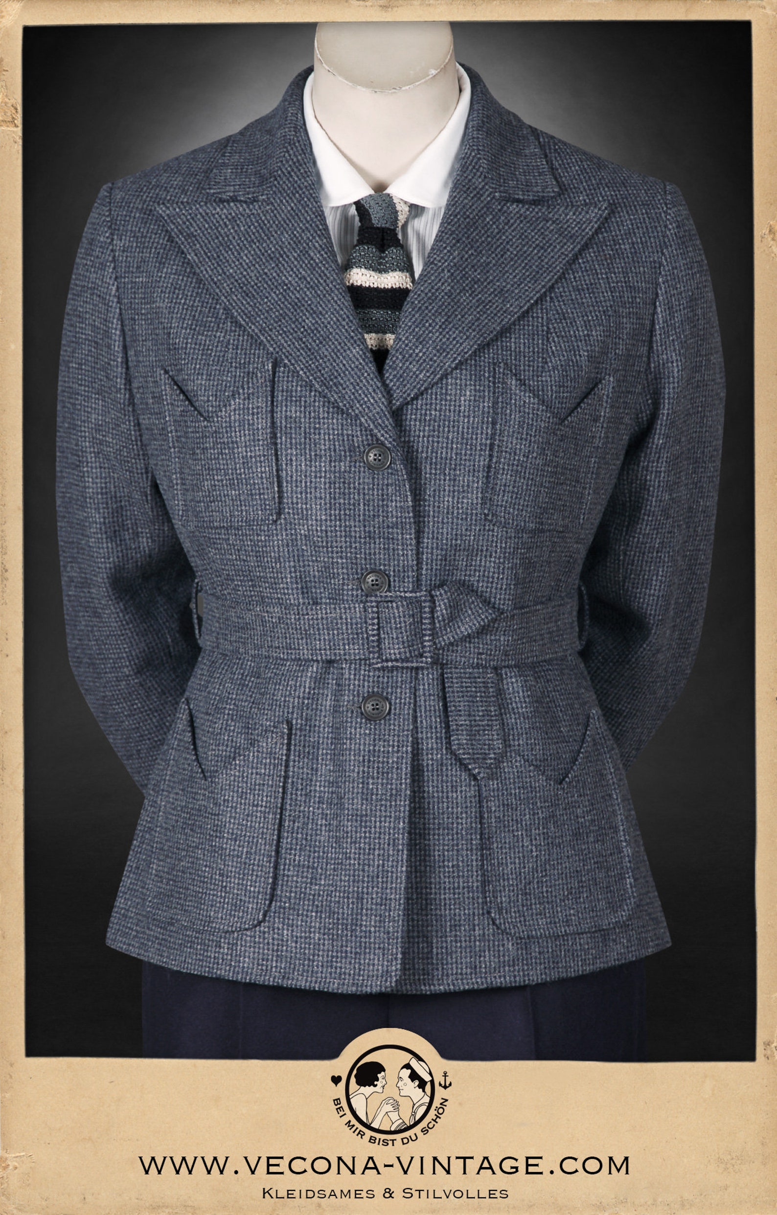 40s 30s 20s Blue/grey Houndstooth Tweed Ladies Belted Sports Jacket 100 ...