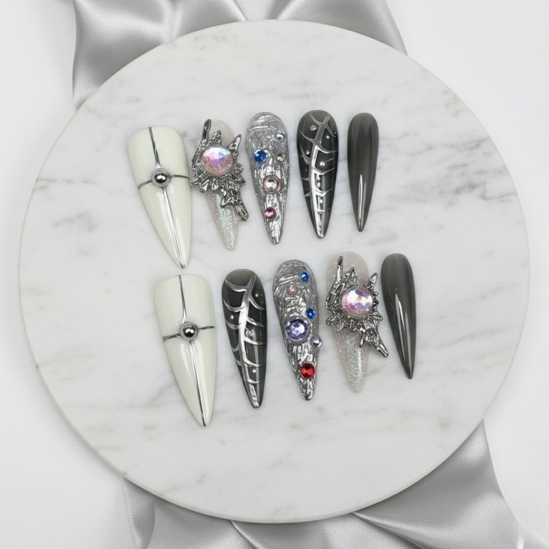 Silver Armor Press on Nails | Long Stiletto Grey Chrome Ombre Fake ...