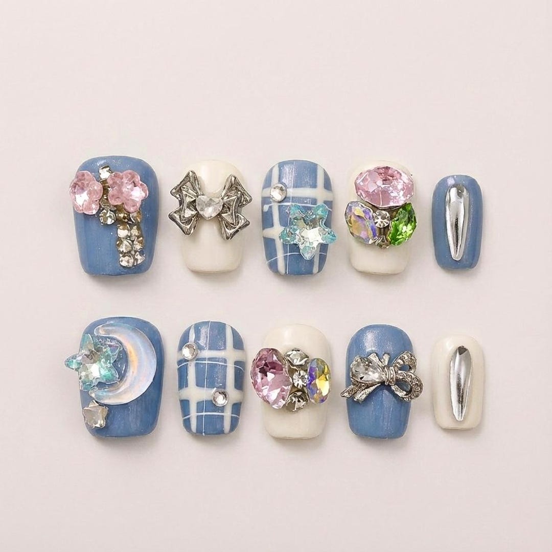 Blue Checkered 3D Charms Press on Nails | Silver Bows Crystals Square ...