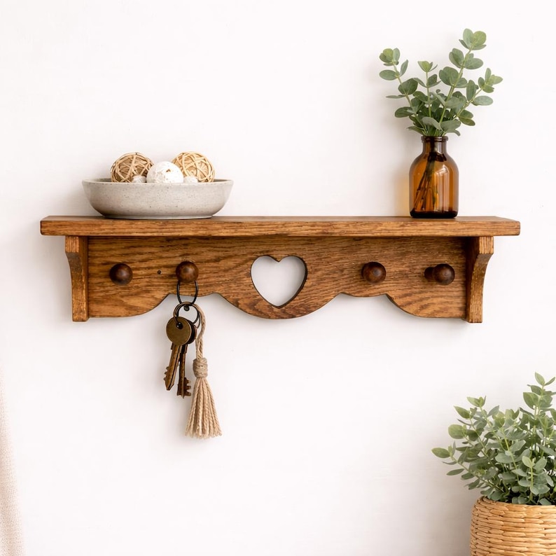 Farmhouse Wall Heart Shelf With Peg Hooks - Rustic Wooden Entryway or ...