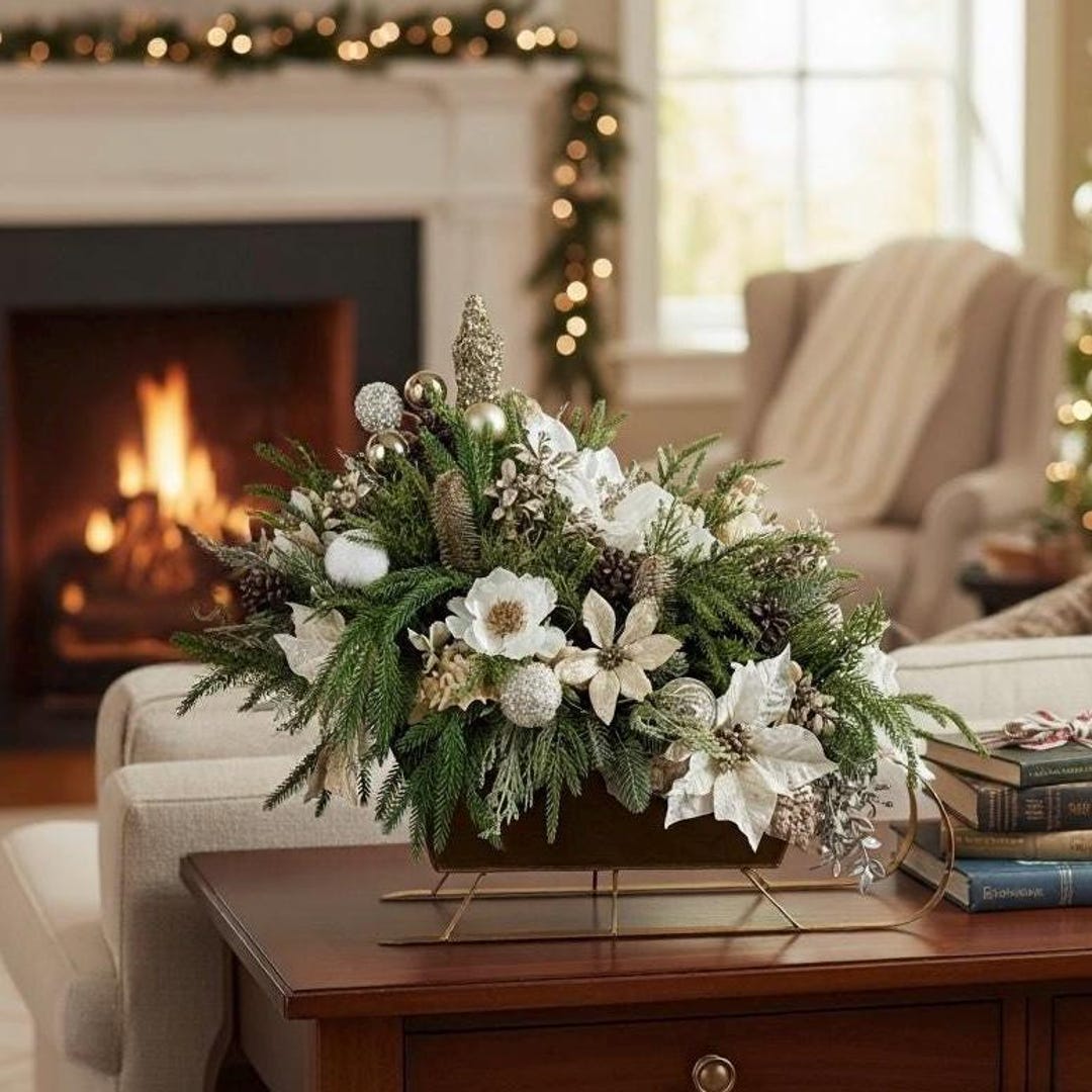 Extra Large Handmade Christmas Floral Centerpiece – Antique Gold Santa ...