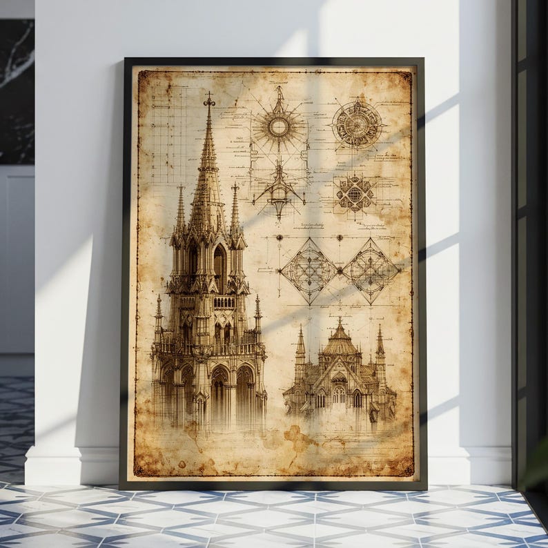 Gothic Cathedral Art – Digital Download Architecture Blueprint Vintage ...
