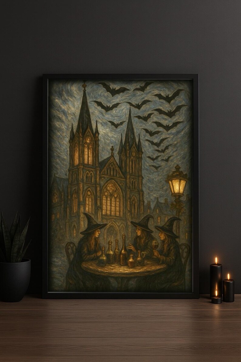 Witch Art Print Gothic Cathedral – Bats Magical Halloween Wall Poster ...