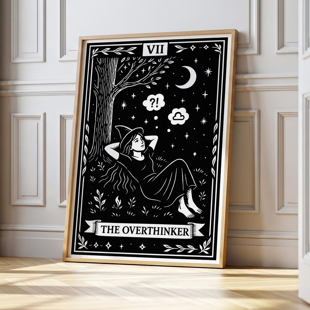 The Overthinker Digital Print, Tarot Art, Black White Illustration ...
