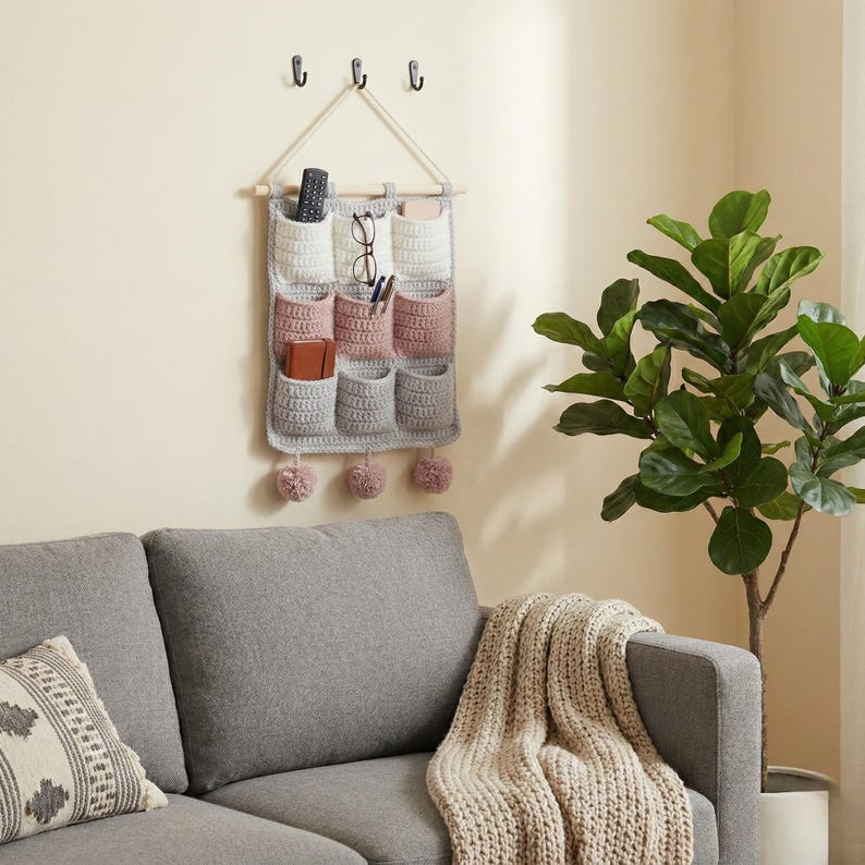 Crochet Wall Hanging Pattern PDF, Hanging Wall Organizer With 9 Pockets ...