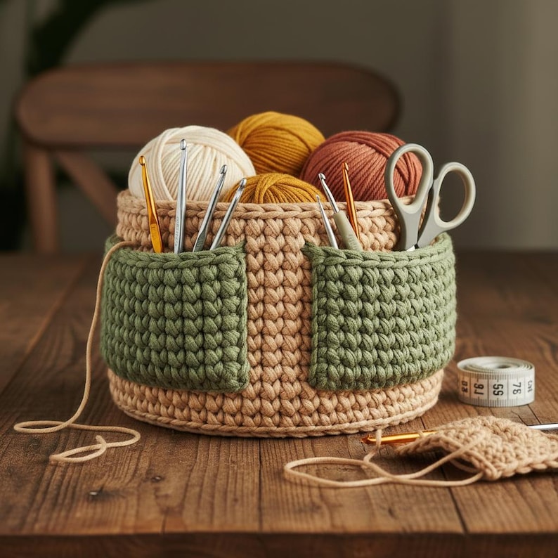 Crochet Basket Organizer Pattern PDF, Storage Basket With Pockets, Sofa ...
