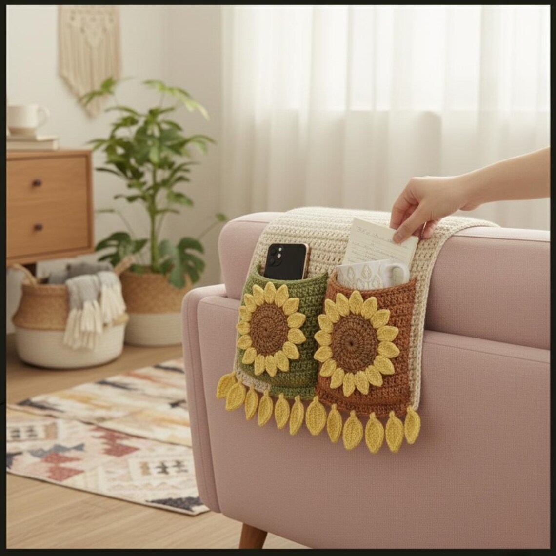 Crochet Armrest Organizer Pattern – Sunflower Sofa Caddy PDF | Nature ...