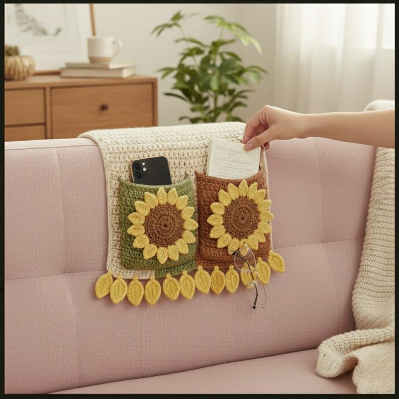 Crochet Armrest Organizer Pattern – Sunflower Sofa Caddy PDF | Nature ...