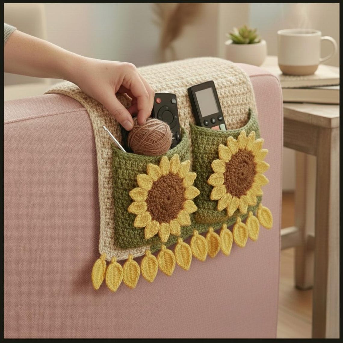 Crochet Armrest Organizer Pattern – Sunflower Sofa Caddy PDF | Nature ...