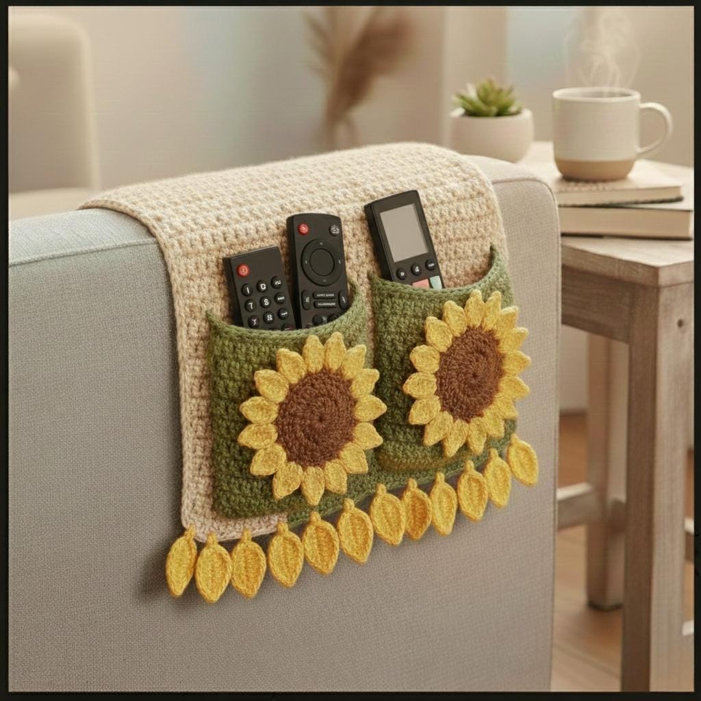 Crochet Armrest Organizer Pattern – Sunflower Sofa Caddy PDF | Nature ...