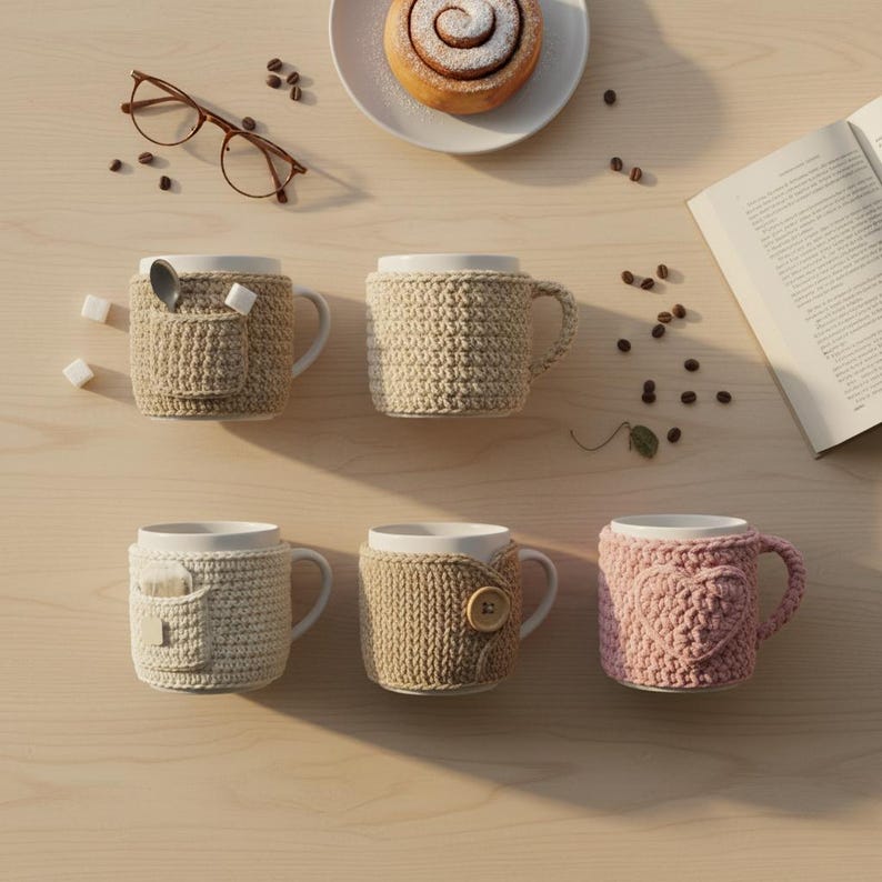 Crochet Mug Cozy Pattern Bundle | 4-in-1 Coffee Cup Sleeve (PDF) - Etsy