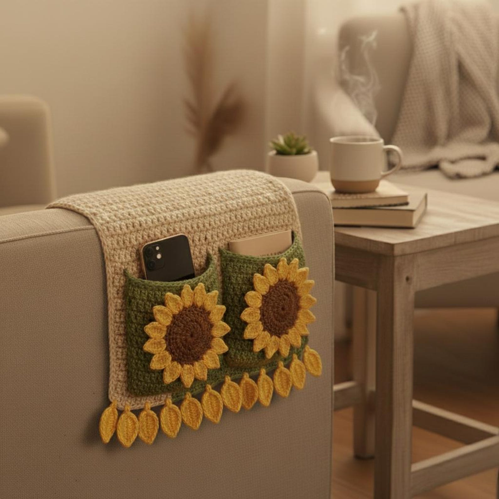 Crochet Armrest Organizer Pattern – Sunflower Sofa Caddy PDF | Nature ...