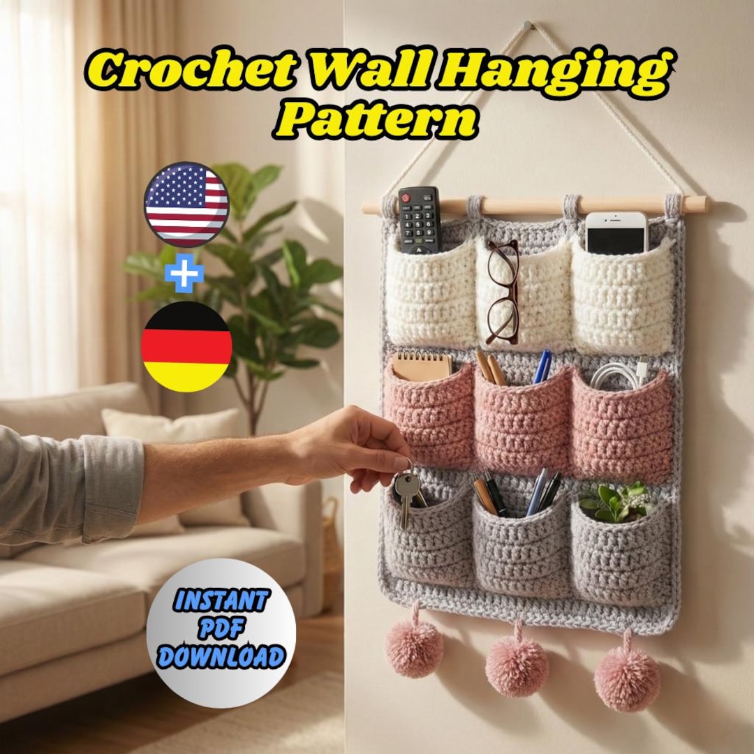Crochet Wall Hanging Pattern PDF, Hanging Wall Organizer With 9 Pockets ...