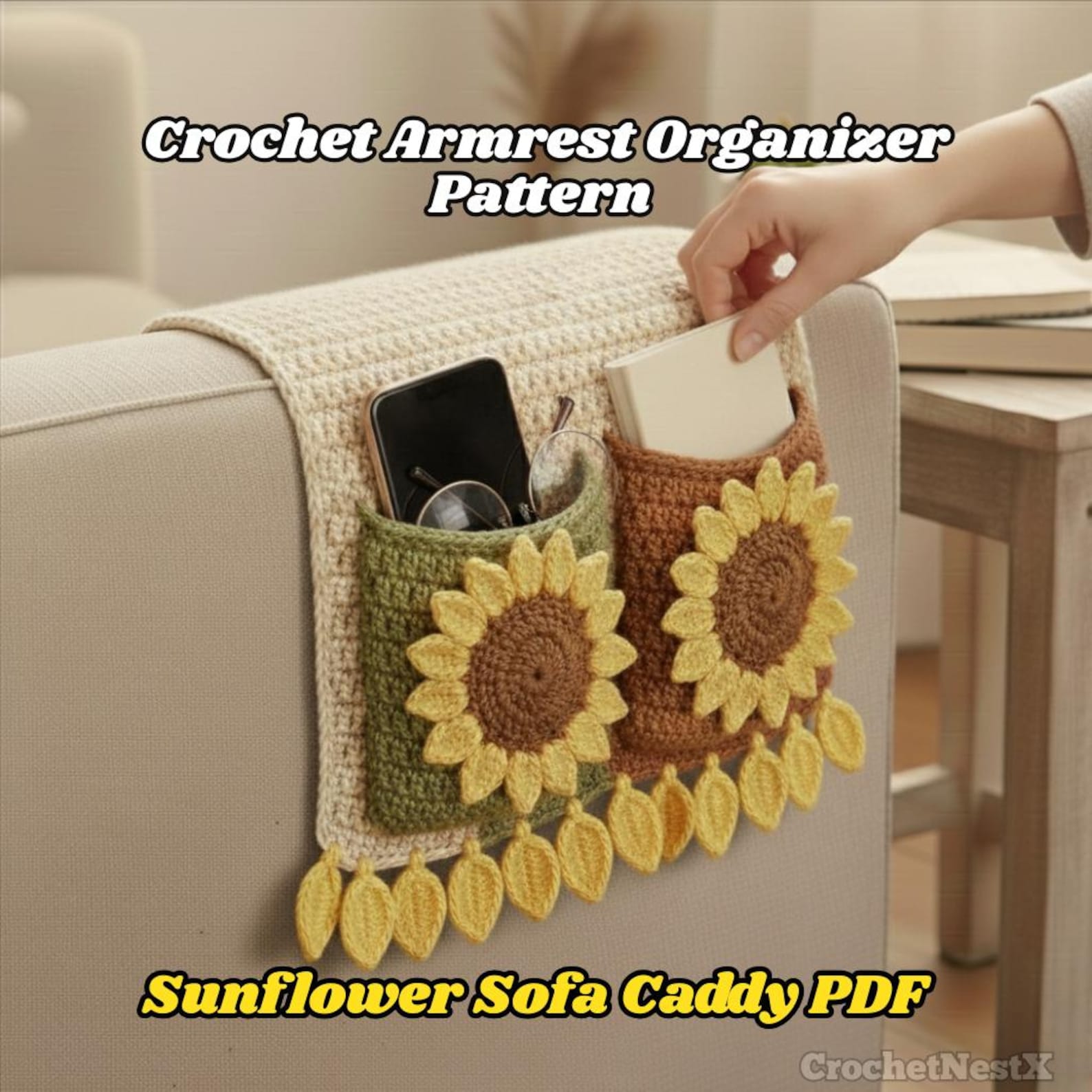 Crochet Armrest Organizer Pattern – Sunflower Sofa Caddy PDF | Nature ...
