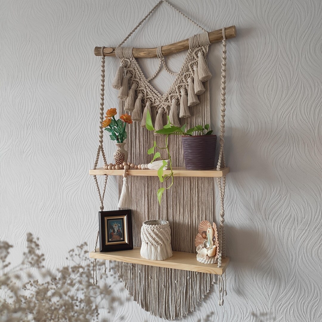 Macrame Wall Hanging Shelf for Living Room | Bohemian Decor | Two Tier ...