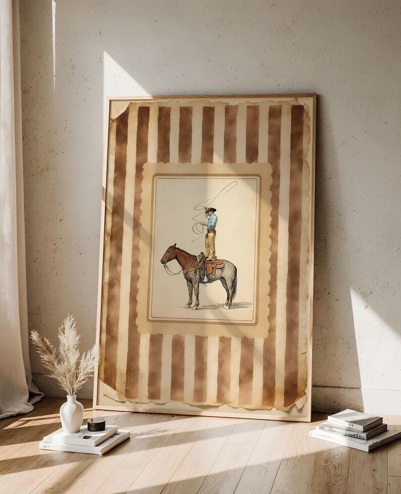 Vintage Western Cowboy Poster, Rustic Lasso Wall Art With Stripes ...