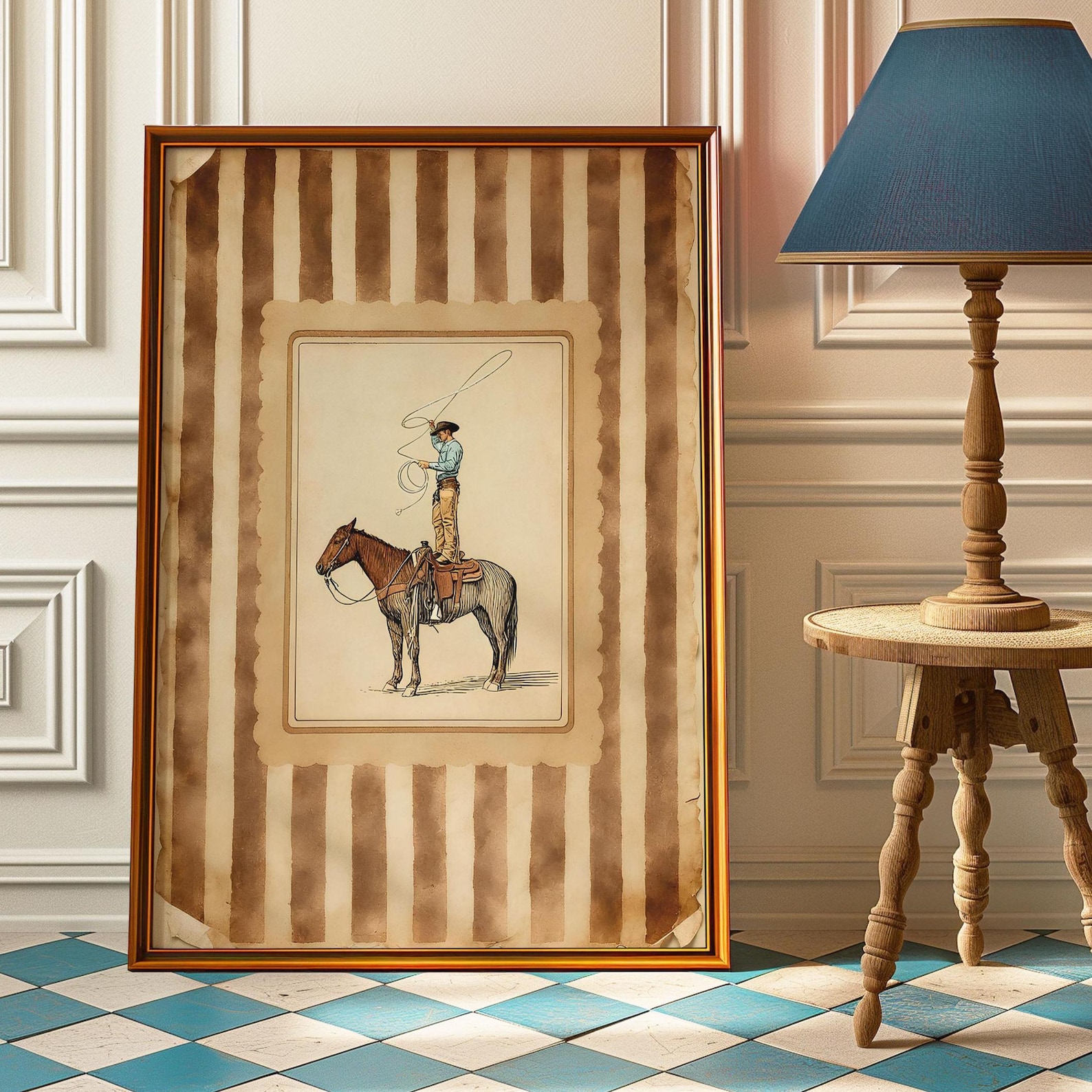 Vintage Western Cowboy Poster, Rustic Lasso Wall Art With Stripes ...