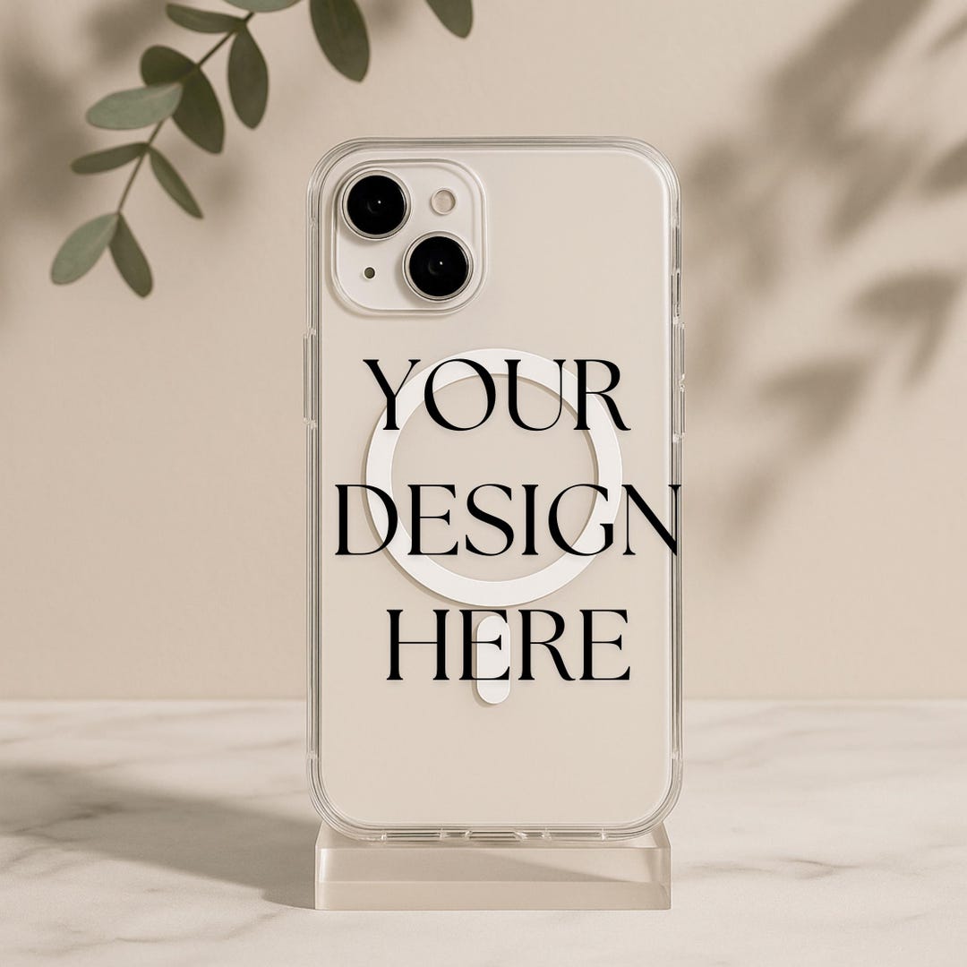 Clear iPhone Case Mockup With Magsafe, Upright on Acrylic Stand ...