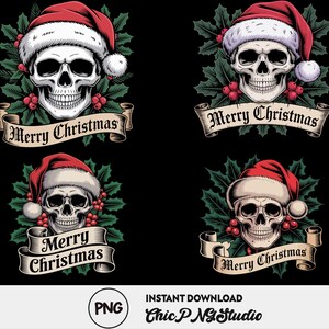 Merry Christmas Skull PNG Bundle, Gothic Santa Hat Sublimation Design ...