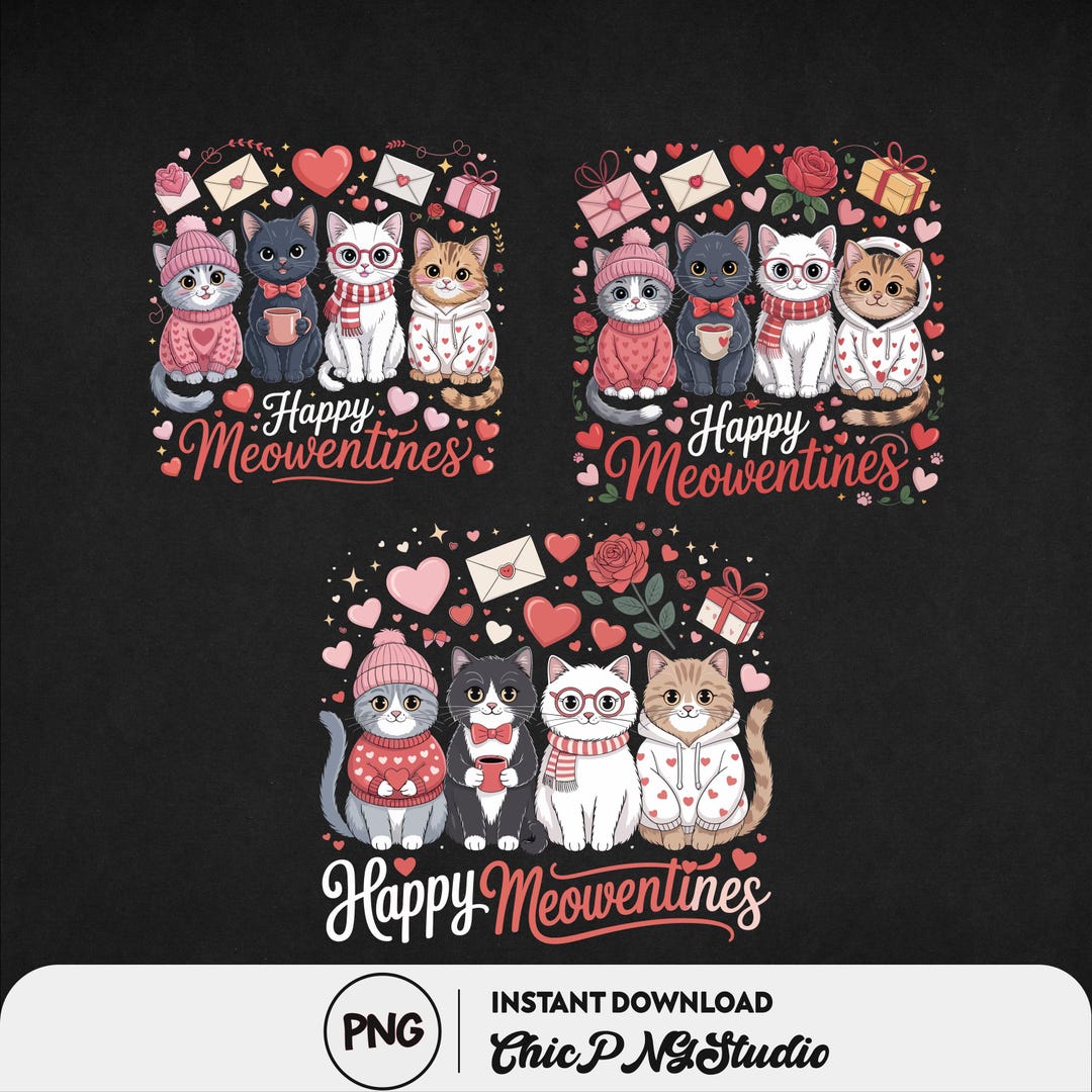 Happy Meowentine PNG Bundle , Preppy Valentine Cats , Kawaii Kitten ...