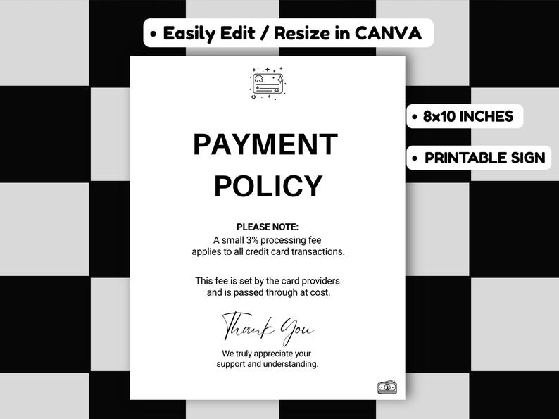 Editable Credit Card Fee Sign, Printable Business Payment Policy Sign ...