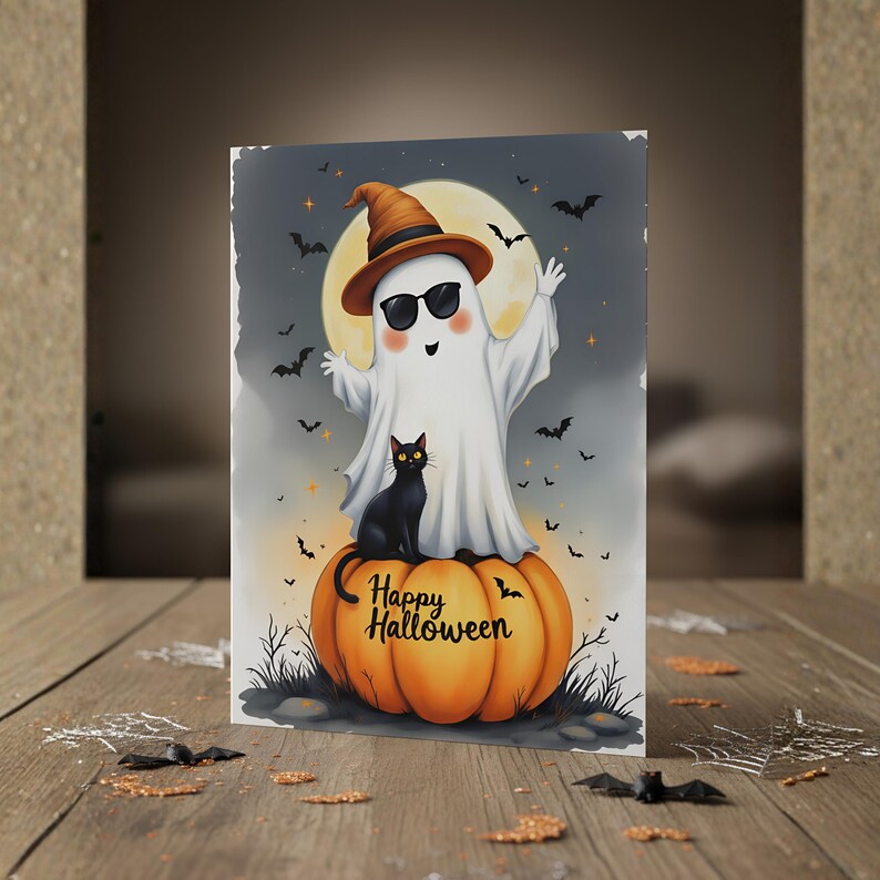 Printable Halloween Card, Cute Ghost & Black Cat, Happy Halloween Cards ...