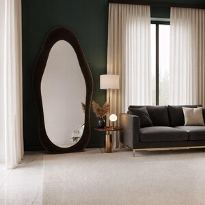Asymmetrical Wavy Full Length Mirror, Irregular Velvet Fabric Floor ...
