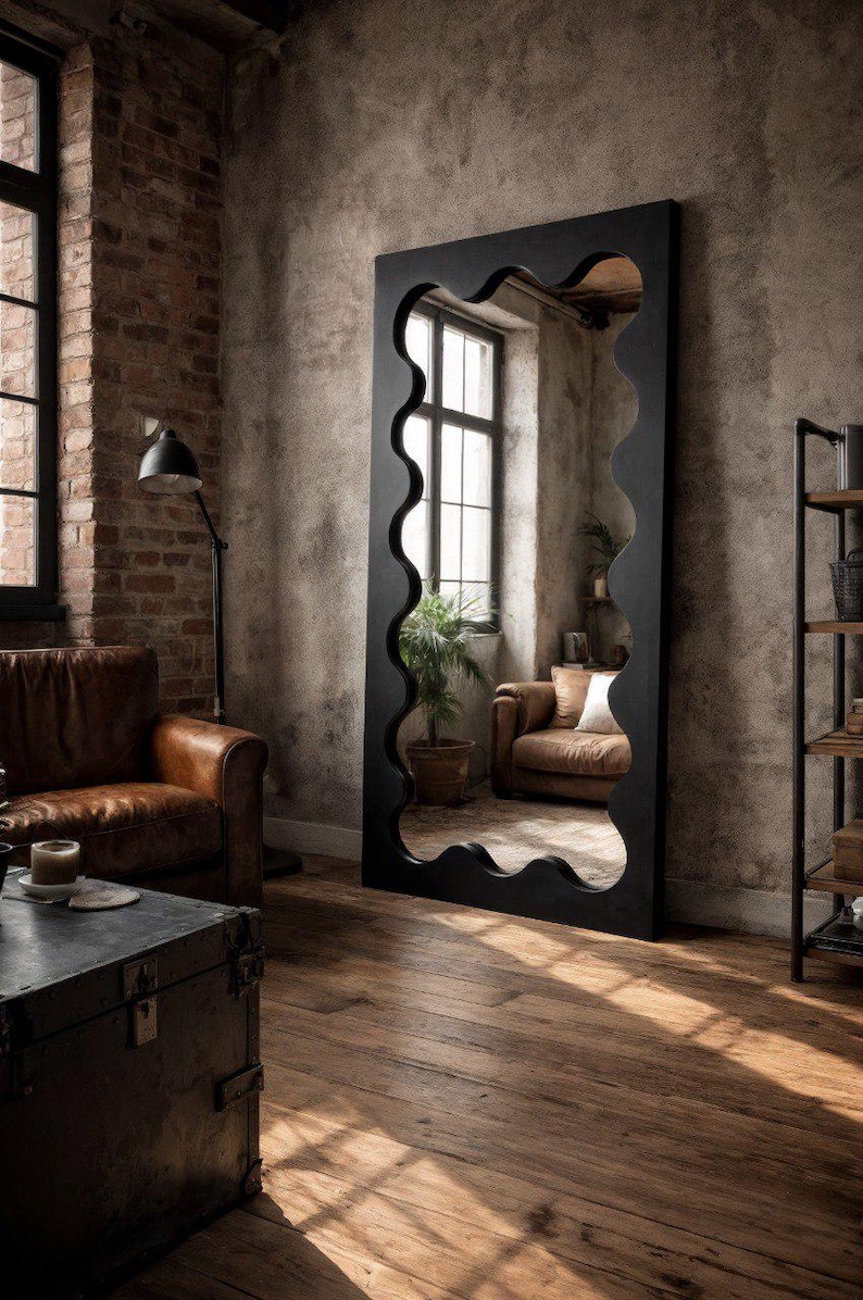 Wavy Full Length Floor Mirror, Asymmetrical Modern Standing Mirror ...