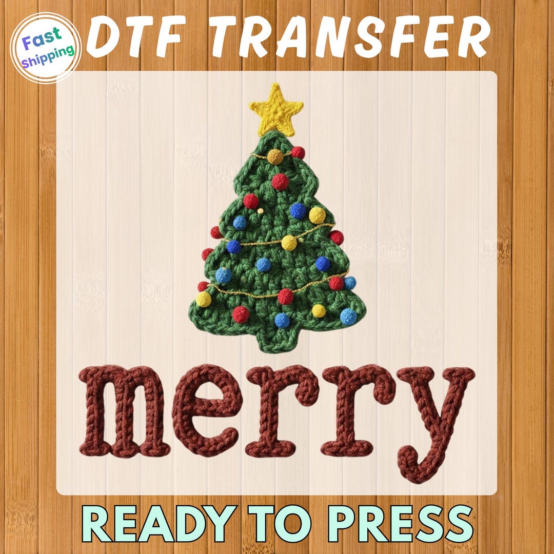 Crochet Christmas Tree DTF Transfer, Knit Style Holiday Applique Merry ...