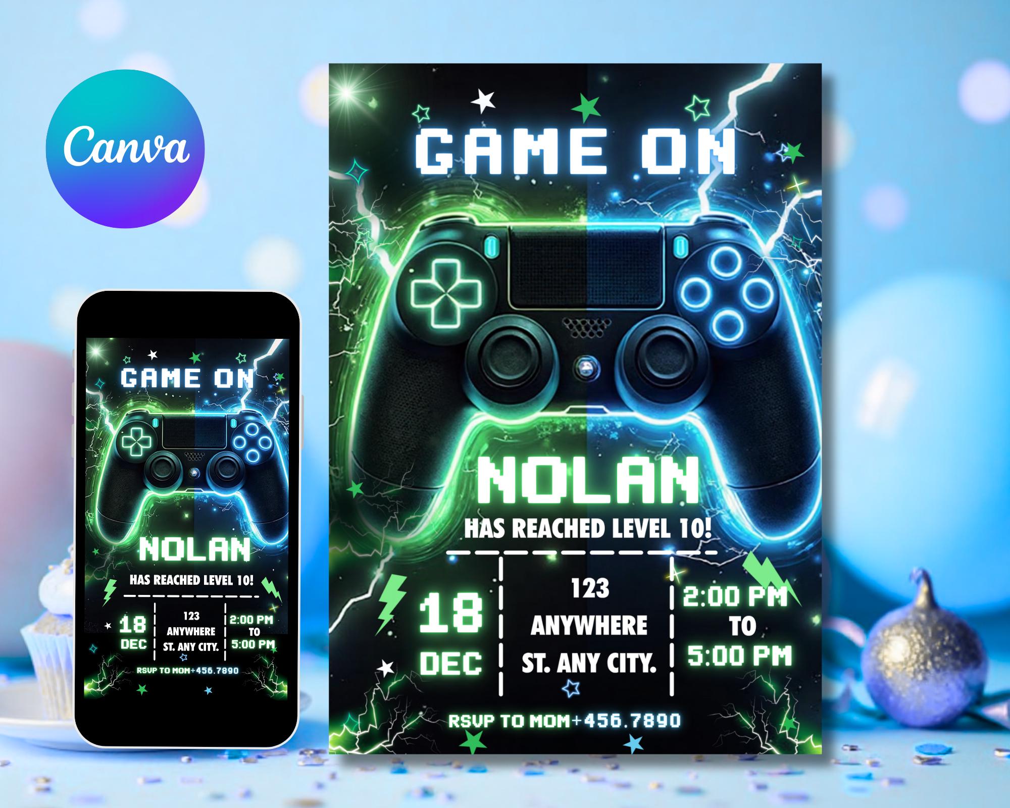 Video Game Party Invitation, Green Gamer Birthday Invitation, Level up ...