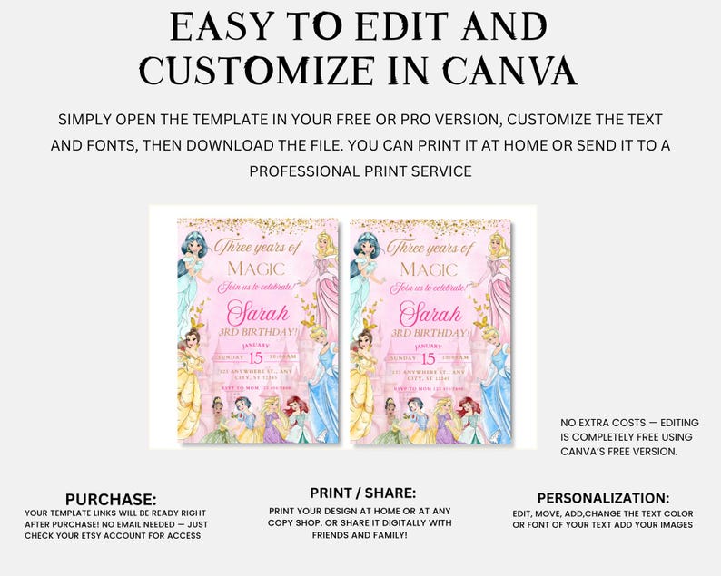 Editable 3rd Princess Birthday Invitation Pink Princess Invitation Her ...