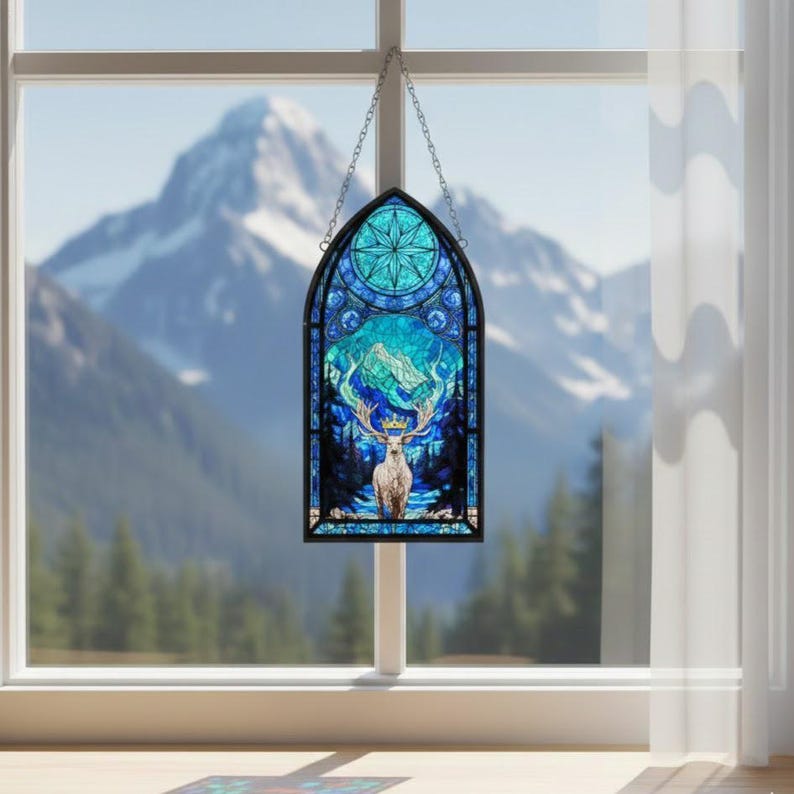 Mythical Forest God Window Hanging, Fantasy Crowned Deer Wall Art, Stag ...