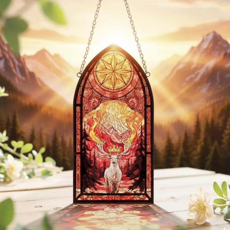 Stag King Stained Glass Suncatcher, Mythical Forest God Window Hanging ...